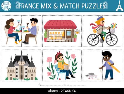 Vector France mix and match puzzle with cute characters. Matching ...