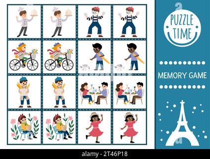 Vector France memory game cards with cute traditional symbols. French ...