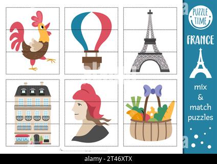 Vector France mix and match puzzle with cute characters. Matching ...