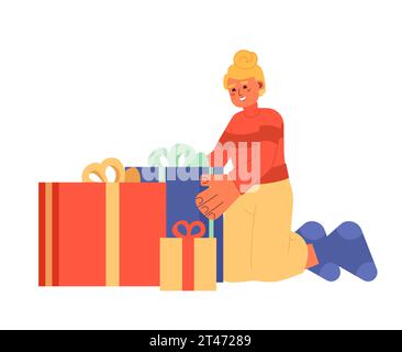 Caucasian lady packing gifts for Christmas black and white 2D cartoon ...