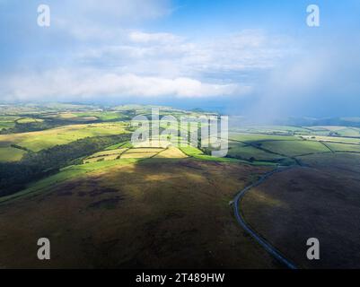 Moorland and Farms from a drone, Exmoor National Park, Devon, England ...
