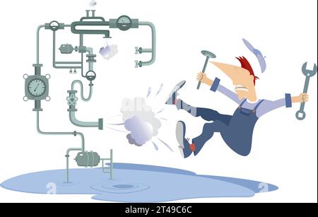 Breakdown. Comic mechanic repairs pipe construction to stop water flow ...