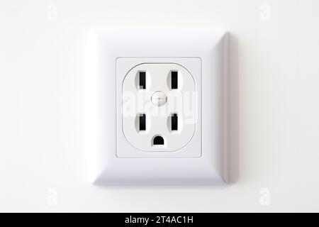 White wall mounted socket board with two electrical sockets and a ...