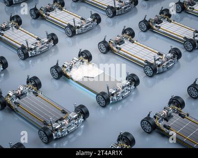 3d rendering electric cars assembly line with pack of battery cells ...
