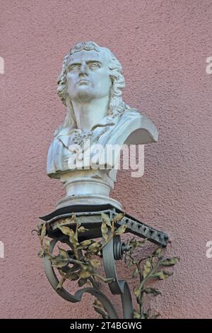 Monument with sculpture by Friedrich Schiller, head, detail, autumn ...