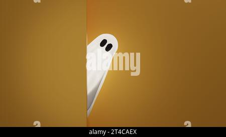 White ghost peeks out from behind wall. Cute ghost peeping Halloween ...