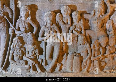 Cave 26: Temptation of Mara Sculpture with Buddha touching the earth ...