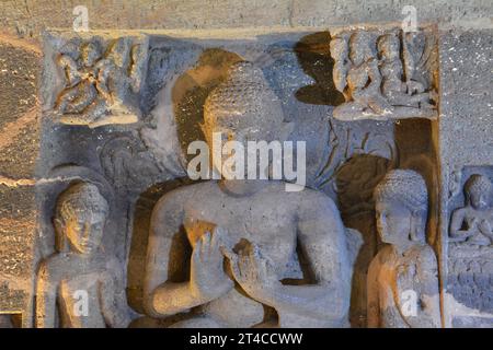 Cave No. 26. Right aisle showing Buddha's in Pralambapadasana posture ...