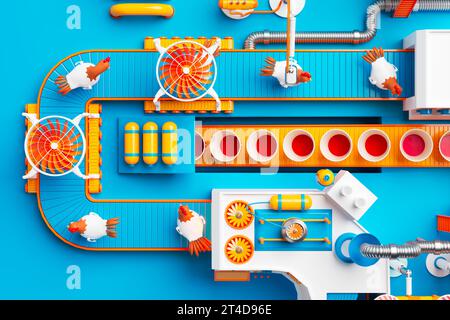 Cartoon factory with machines preparing chickens for the process of ...