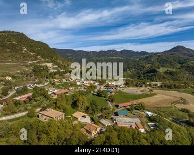 Aerial view of the village of Vidrà on an autumn morning (Osona ...
