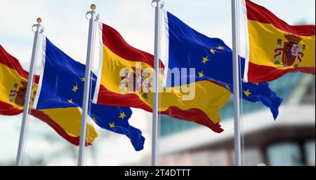 Spanish and European Union flags waving in the wind Stock Photo - Alamy