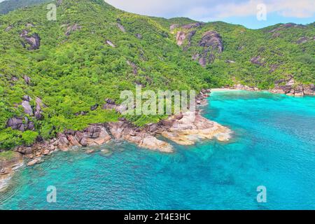 Drone shot of Anse du riz, rice beach beach, transparent sea, lush ...