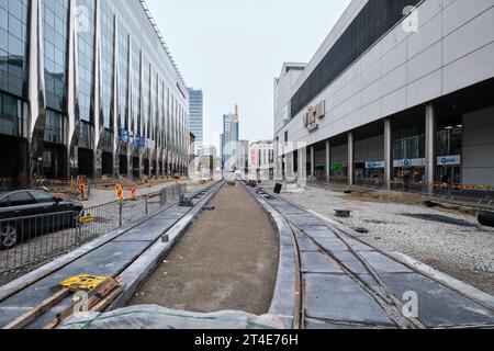 Repair, renovation of tram tracks next to modern buildings in Tallinn ...