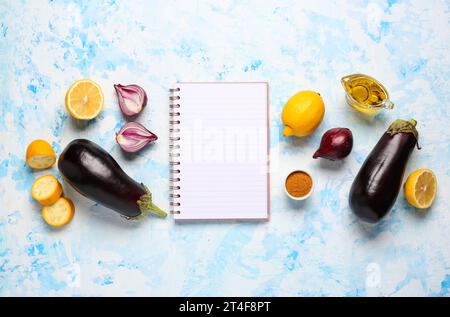 Composition with blank recipe book, vegetables and raw meat on light ...