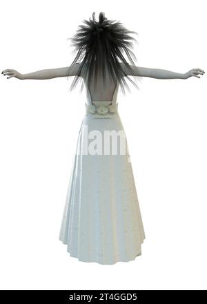 Gothic ghost woman with long black hair wears white gown, 3D ...