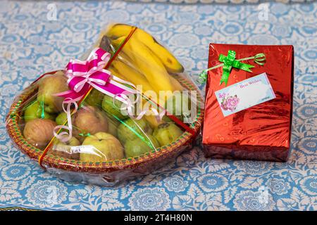 holiday gift fruit basket fresh fruit nuts apple grapes banana Stock ...