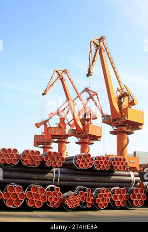 portal crane and steel pipe cross section features, closeup of photo ...