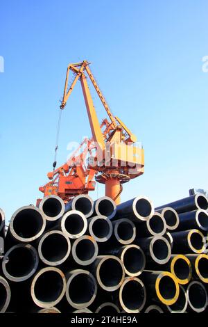 portal crane and steel pipe cross section features, closeup of photo ...