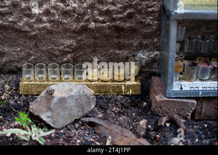 An unlit Hanukkah menorah in daylight during the celebration of the ...
