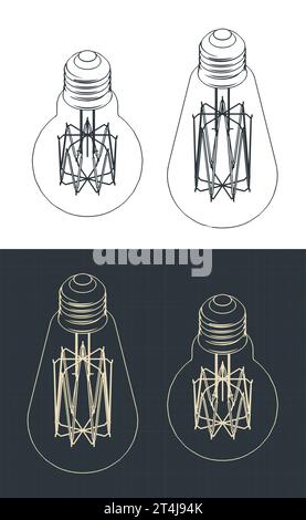 Stylized vector illustrations of blueprints of LED lamps with visible ...