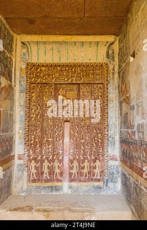 Egypt, Saqqara, tomb of Mehu, splendid false door, with vivid colors ...