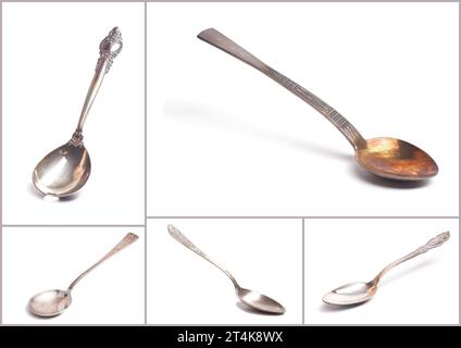 Old teaspoons collage isolated on white background Stock Photo - Alamy