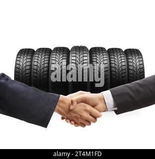 Car repair service, men shaking hands in front of a SUV isolated on ...