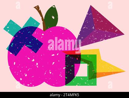 Risograph apple with geometric shapes. Fruit and object in trendy riso ...