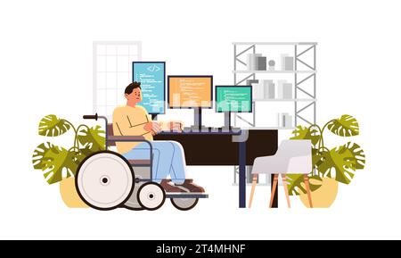 disabled man programmer in wheelchair sitting at workplace software ...