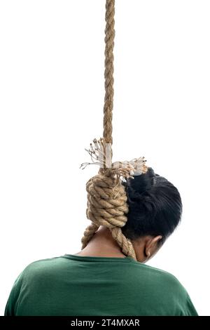 Man hanged in rope with a hangman noose knot isolated over white ...