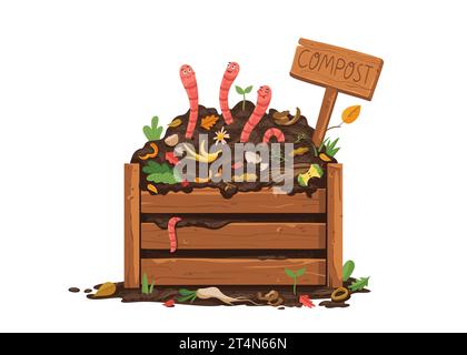 Cartoon funny earth worms in compost, soil humus. Vermicomposting ...