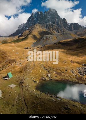 A beautiful shot of Juta valley near Caucasus mountain range in Kazbegi ...
