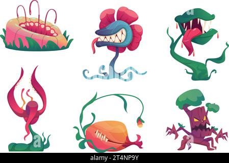 Monster plants. Cartoon scary carnivorous plants, evil alien green ...