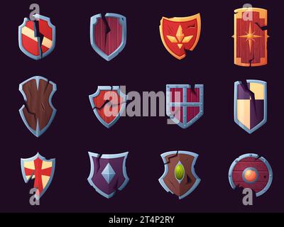 Broken shields medieval icons. War equipment for safety, protection ...