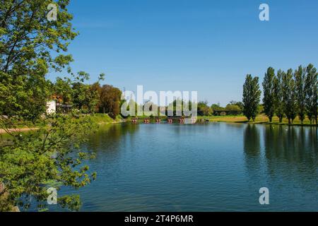 Pjesacki Pontonski Most bridge, at the front, and Drveni Most bridge ...