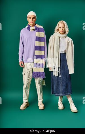 Blonde woman models a trendy denim outfit, expressing youth culture and ...