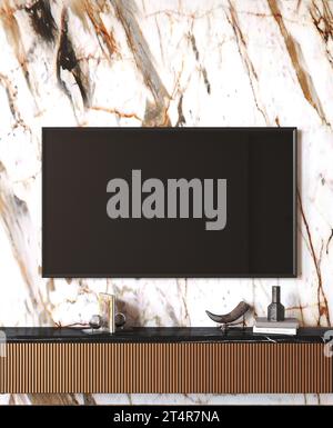 Modern tv unit with marble concept in living room 3d rendering Stock ...