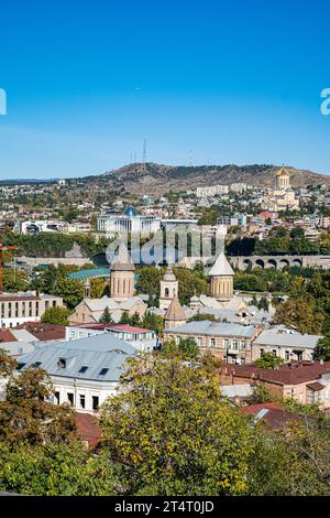 Aerial cityscape with domes of churches and cathedrals, Old Tbilisi ...