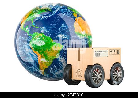 Earth Globe with car wheels, 3D rendering isolated on white background ...