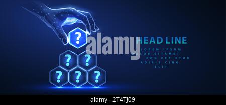 Questions pile. Question mark icons on hexagons make a pyramid and hand ...