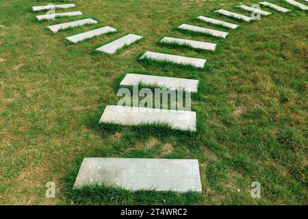 slate path is on the lawn Stock Photo - Alamy