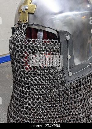 Medieval old knight helmet and chain mail for protection in battle ...