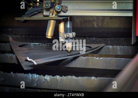 Laser metall cut cnc machine. Fly fire sparks background Stock Photo ...