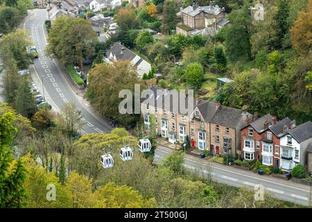 Matlock Bath seen from High Tor with the Cable Cars high above houses ...