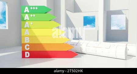 Energy efficiency label classification, bar chart on blueprint plan ...