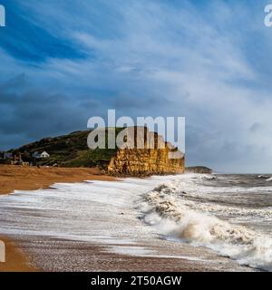Storm Ciaran hits Dorset coast at West Bay on 1st November 2023. Wild sea storm. Storm damage ...