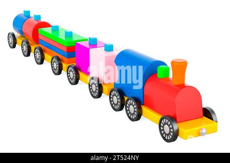 Wooden toy train with colorful blocs on the wooden table. 3D rendering ...