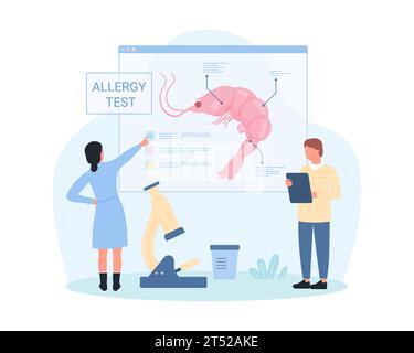 Diagnostic test for food allergy. Tiny people with magnifying glass ...