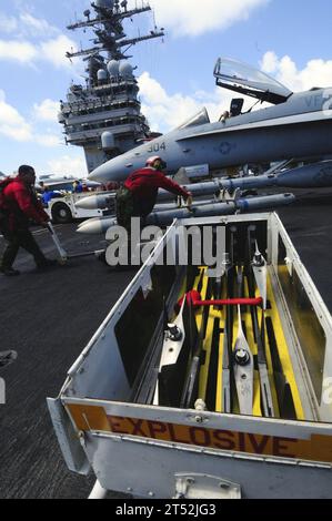 Aviation ordnancemen from Fighter Squadron 21 (VF-21) use a linkless ...
