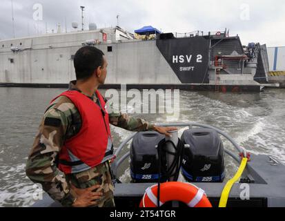 High Speed Vessel (HSV 2) Swift is moored at the Port Cap-Haitien pier ...